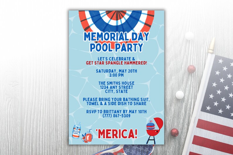 Memorial Day Party Invitation, Fun Memorial Day Pool Party Invite ...