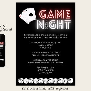 Game Night Invite, Editable Game Night Invitation Template, Bunco Night ...