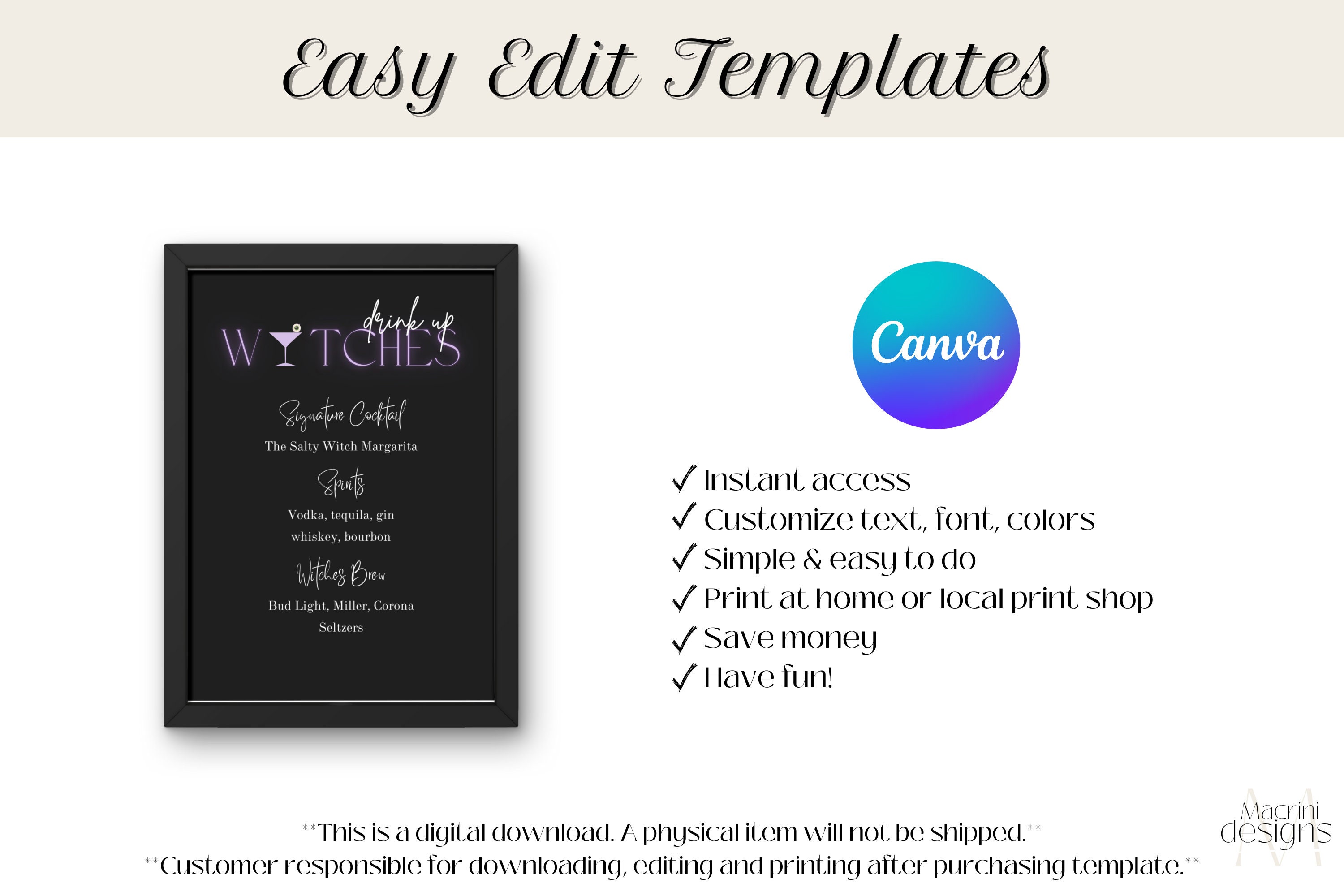Witch Bar Sign, Editable Bar Menu Template, Printable Custom Bar Menu ...