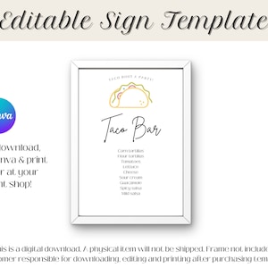 Taco Bar Sign, Editable Taco Bar Menu, Taco Party Sign Template, Tacos ...