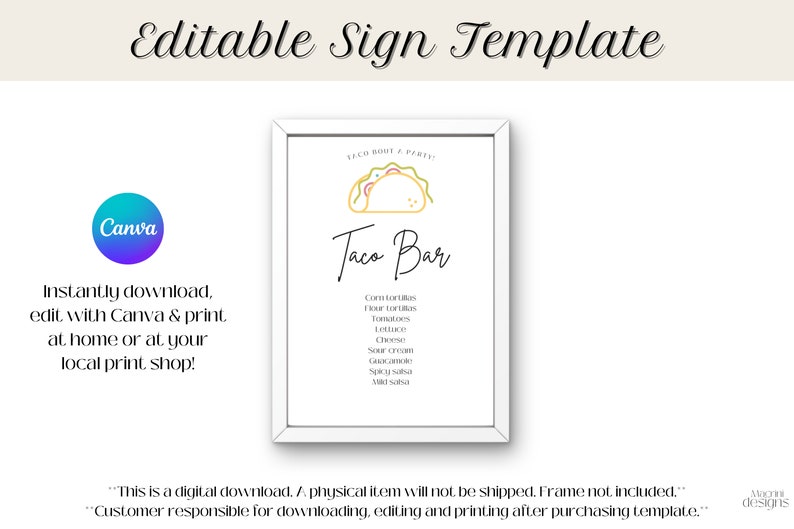 Taco Bar Sign, Editable Taco Bar Menu, Taco Party Sign Template, Tacos ...
