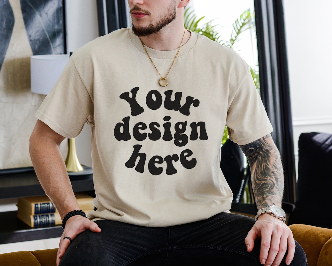 Gildan 5000 Men's Sand T-shirt Mockup, Tattooed Model Mockup, Mens ...