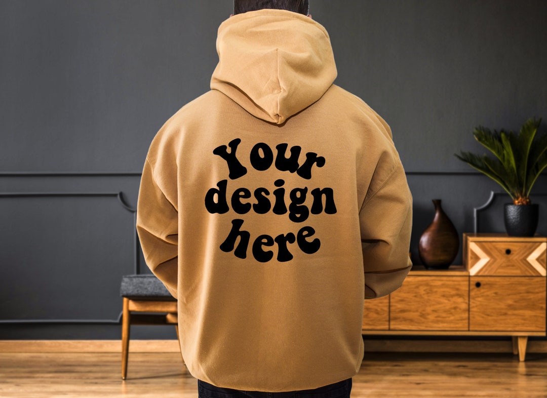 Back of Hoodie Mockup Old Gold, 18500 Mock Back, Men Model, Trendy ...
