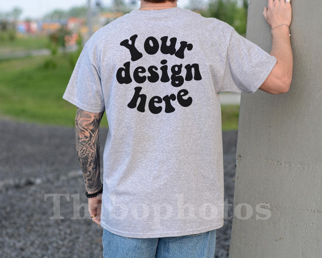 Gildan 5000 Mockup Sport Grey, Male Model, Back Side, Outdoor, Casual ...