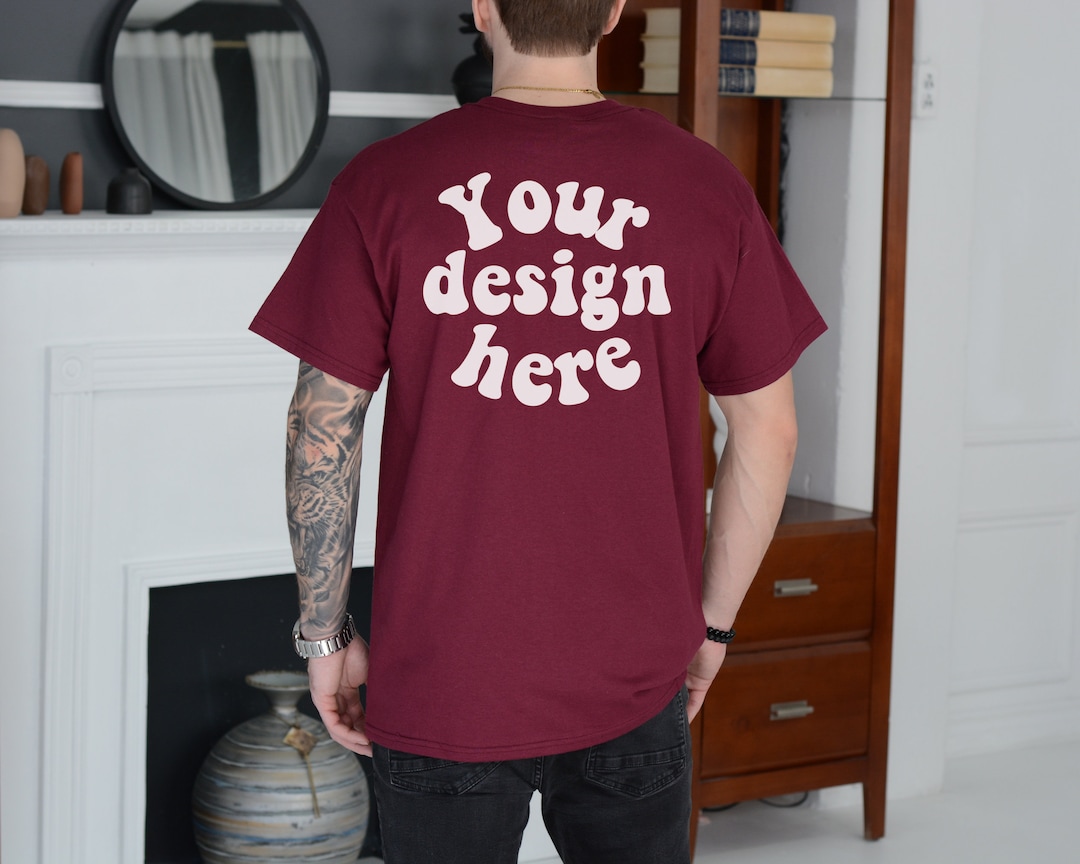 Gildan 5000 Men's Maroon Back of T-shirt Mockup, Tattooed Model Mockup ...