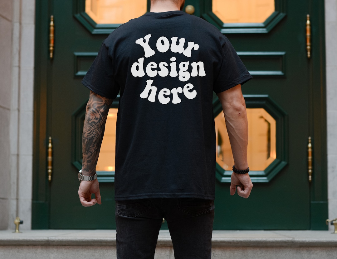 Gildan 5000 Back Mockup Men's Black T-shirt Mockup, Tattooed Model ...