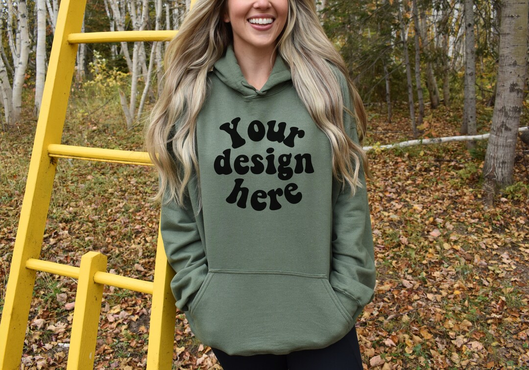 Fall Hoodie Mockup, 18500 Outdoor Mockup, Gildan 18500 Military Green ...