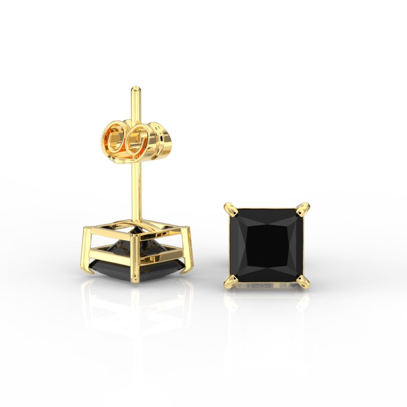 Princess Cut Simulated Black Onyx Stud Earrings Real 14K Yellow Gold ...