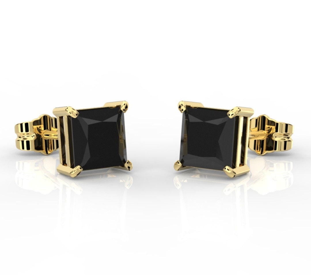 Princess Cut Simulated Black Onyx Stud Earrings Real 14K Yellow Gold ...