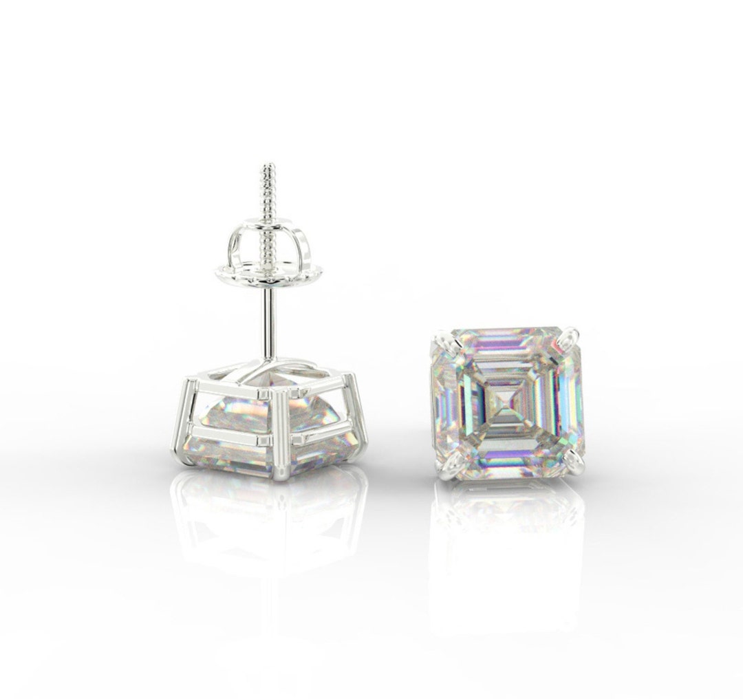 3 Ct Asscher Cut Diamond Earrings Real 14K Solid White Gold Screw Back ...