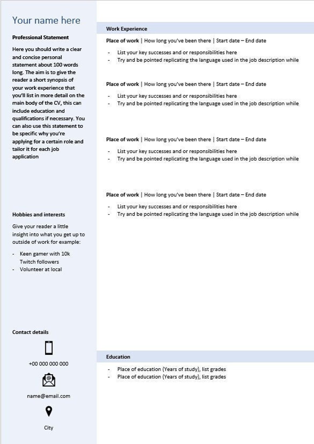 One Page CV Template - Etsy