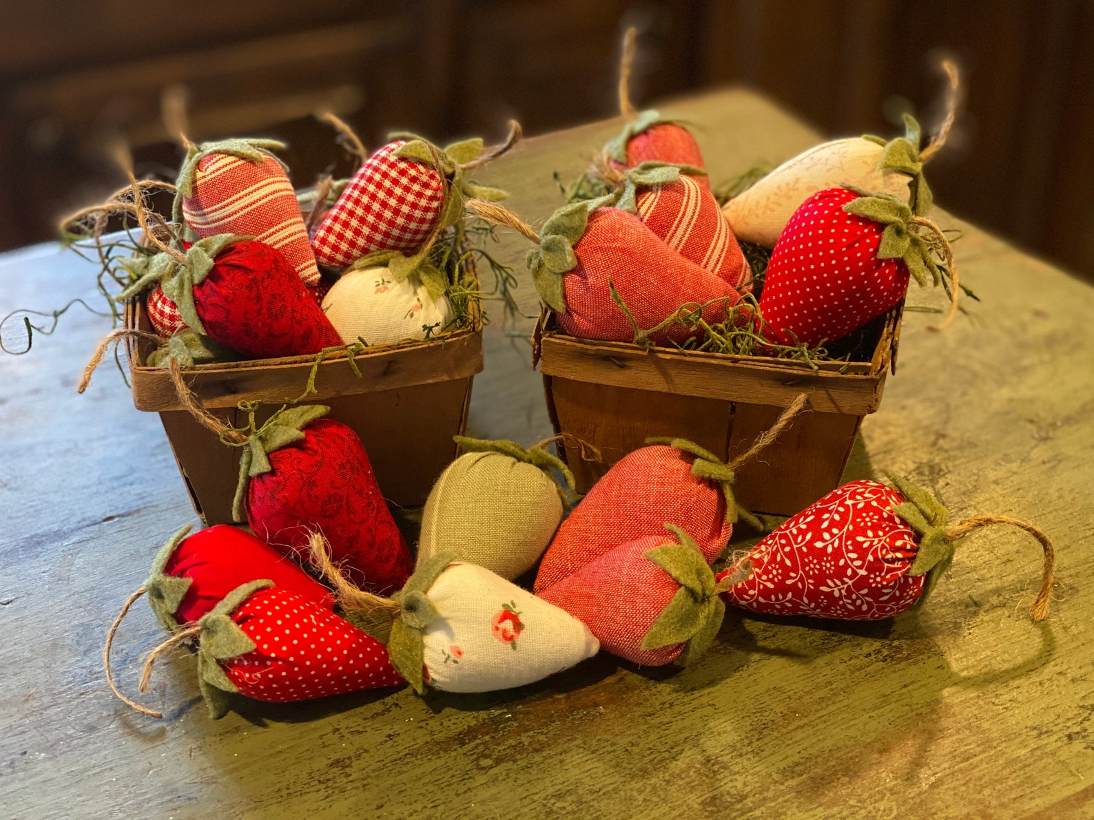 Handmade Strawberries-set 6 With Basket-farmhouse Strawberries -fabric ...