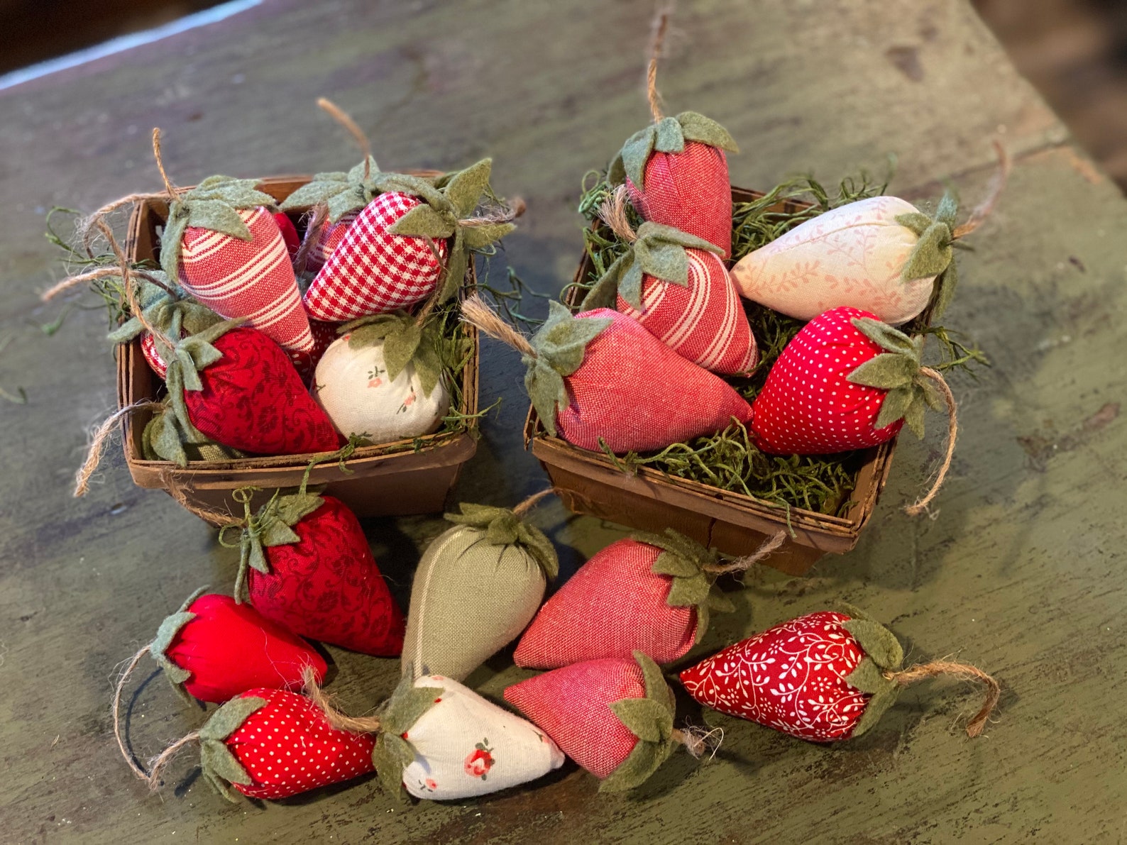 Handmade Strawberries-set 6 With Basket-farmhouse Strawberries -fabric ...