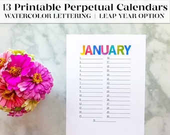 Printable Floral Perpetual Calendar | Desk Calendar | Undated Calendar ...
