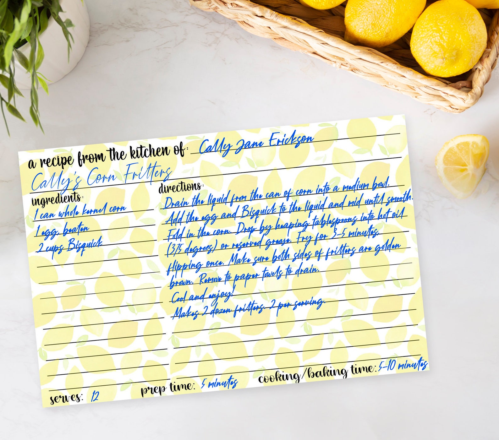 Editable & Printable Recipe Cards With Watercolor Lemon Design ...