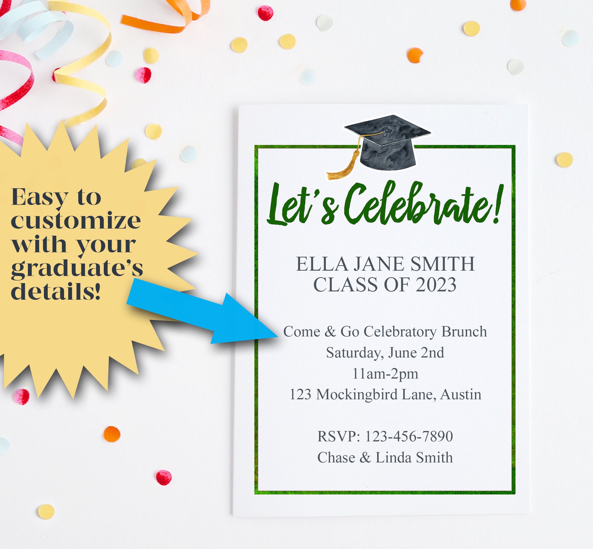 Printable Graduation Party Invitation With Green Accents | Editable ...