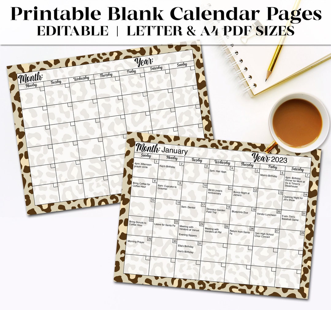 Editable & Printable Blank Calendar in Leopard Print | Perpetual ...