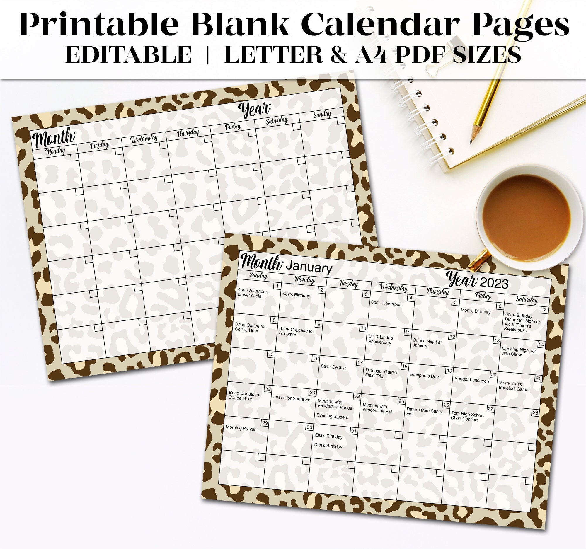 Editable & Printable Blank Calendar in Leopard Print | Perpetual ...