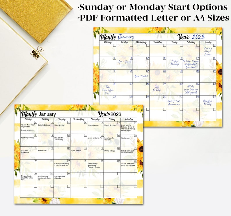 Editable & Printable Blank Calendar in Watercolor Sunflower Design ...