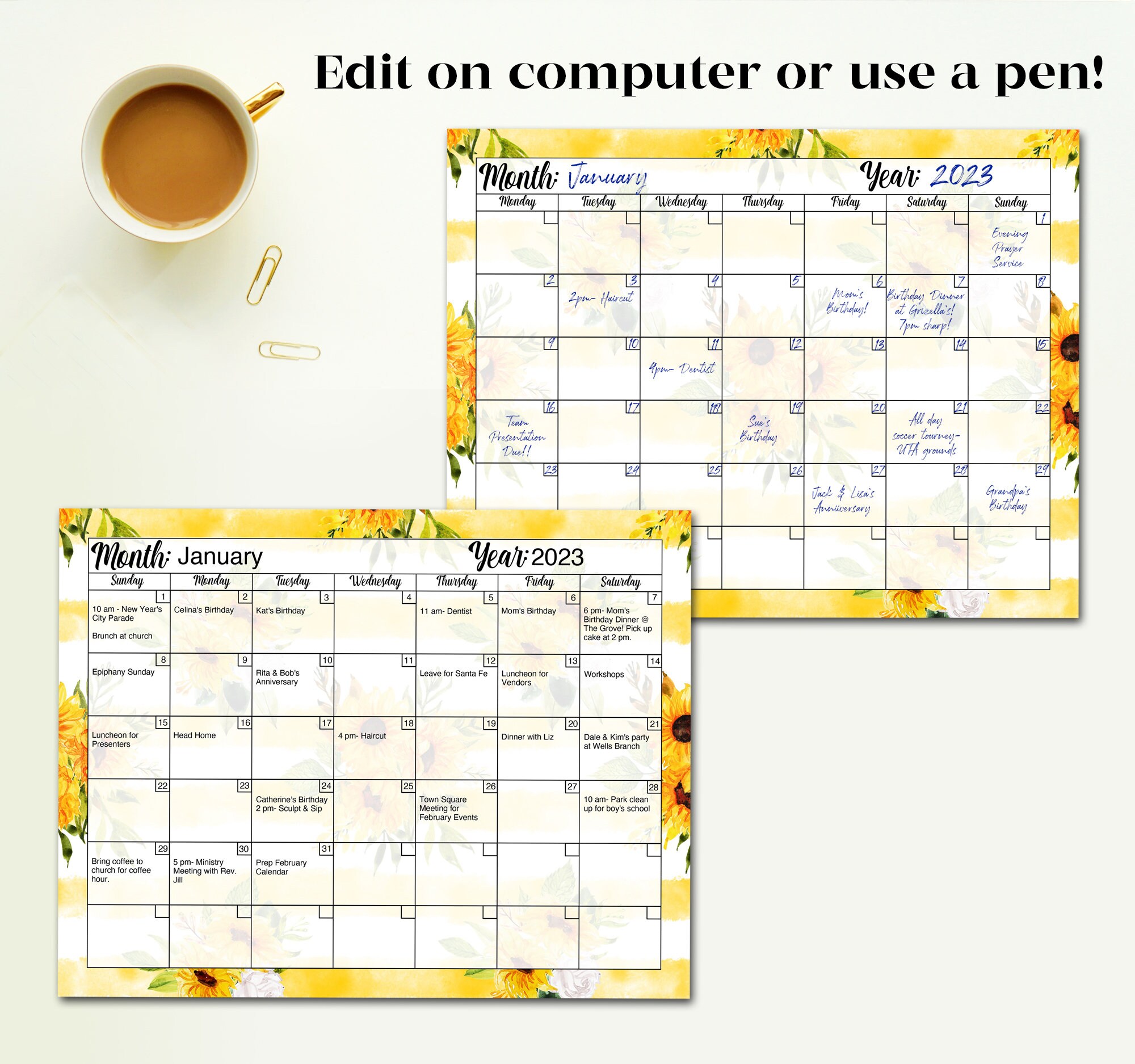 Editable & Printable Blank Calendar in Watercolor Sunflower Design ...