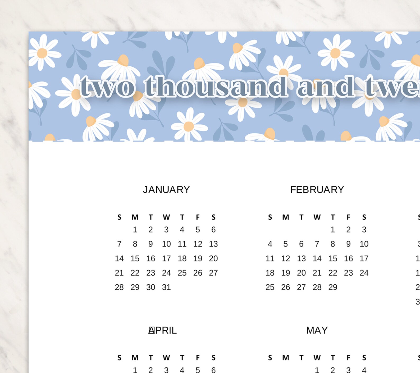 2024 Calendar Printable With Daisies | Printable Yearly Calendar ...