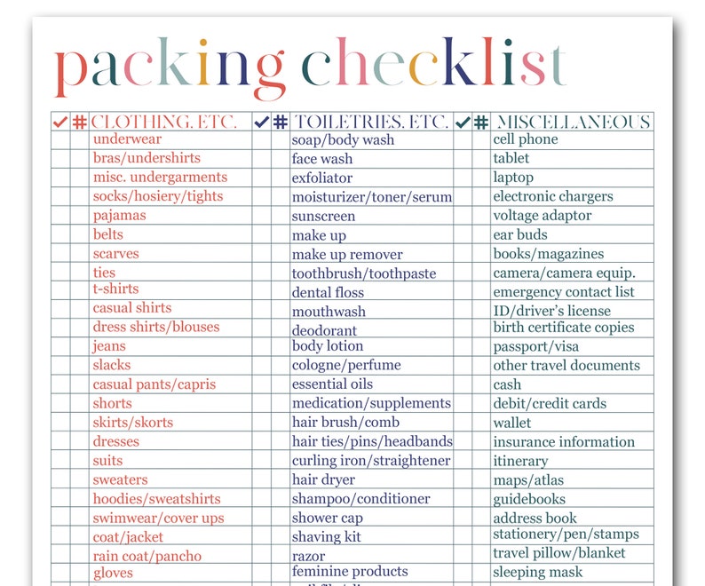 Travel Checklist Printable | Packing List | Packing Checklist | Travel ...
