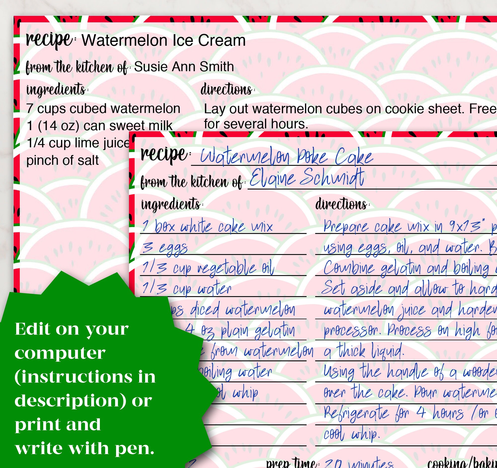 Watermelon Recipe Card Printables Editable Summer Recipe Cards Instant ...