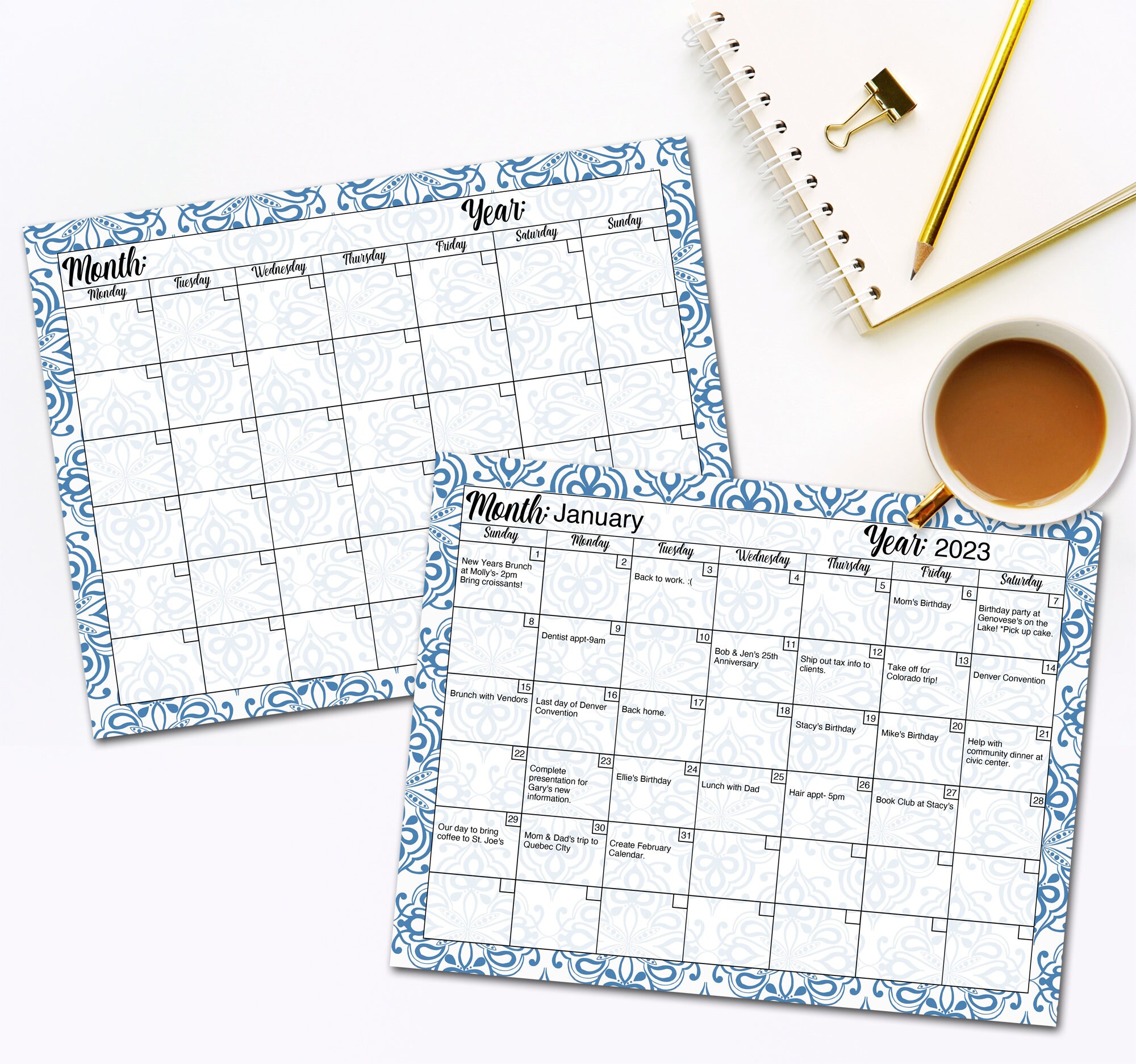 Editable & Printable Blank Calendar Pages in Blue Damask Design ...