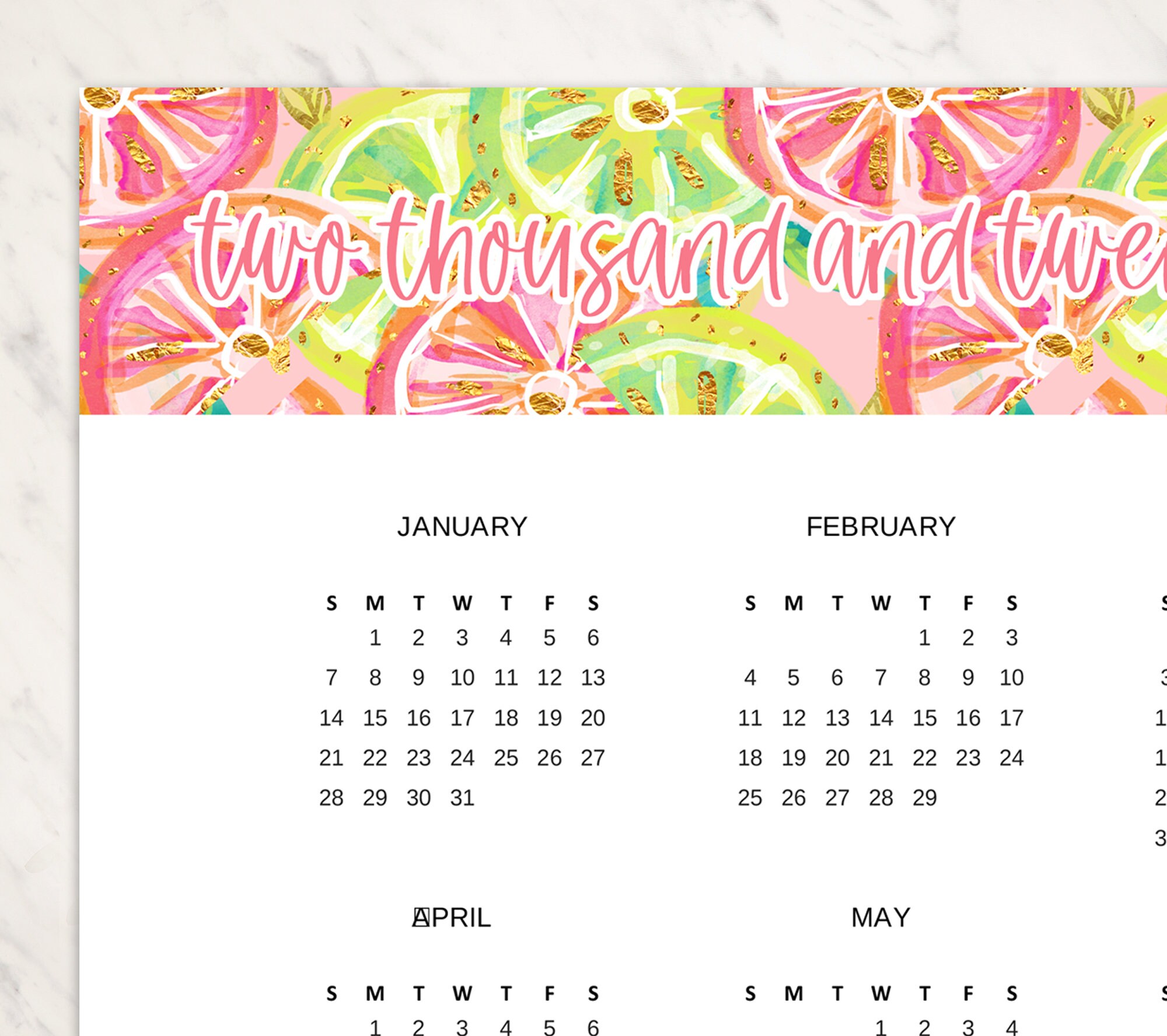 Printable 2024 Wall Calendar Year at a Glance | Preppy Citrus Printable ...