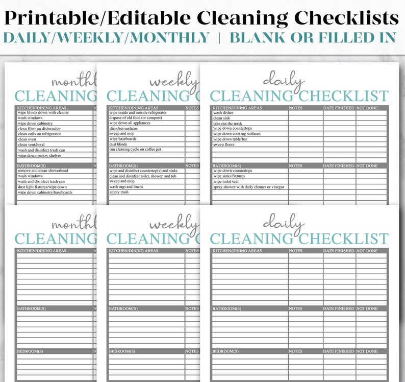 Editable Cleaning Checklist Printables | Daily/weekly/monthly Cleaning ...