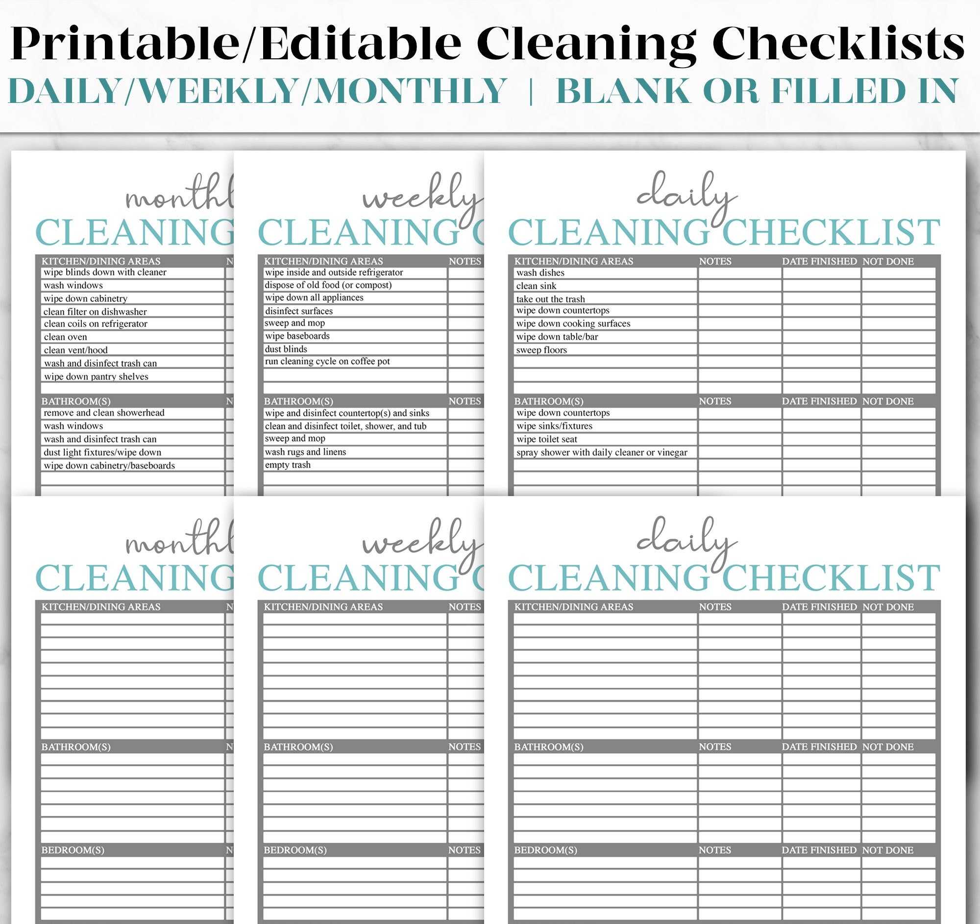 Editable Cleaning Checklist Printables | Daily/weekly/monthly Cleaning ...