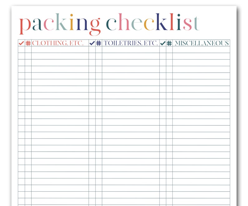 Travel Checklist Printable Packing List Packing Checklist Travel ...