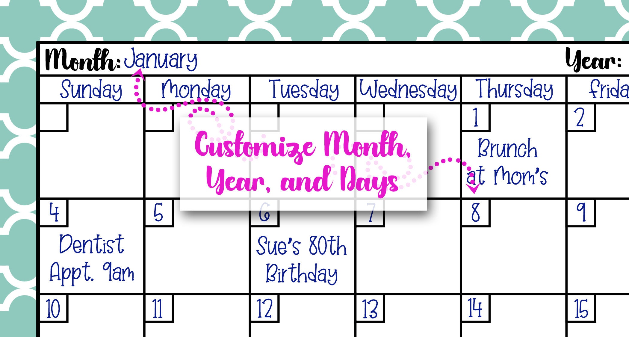 24 Quatrefoil Blank Planning Calendars in Lots of Colors | Printable ...