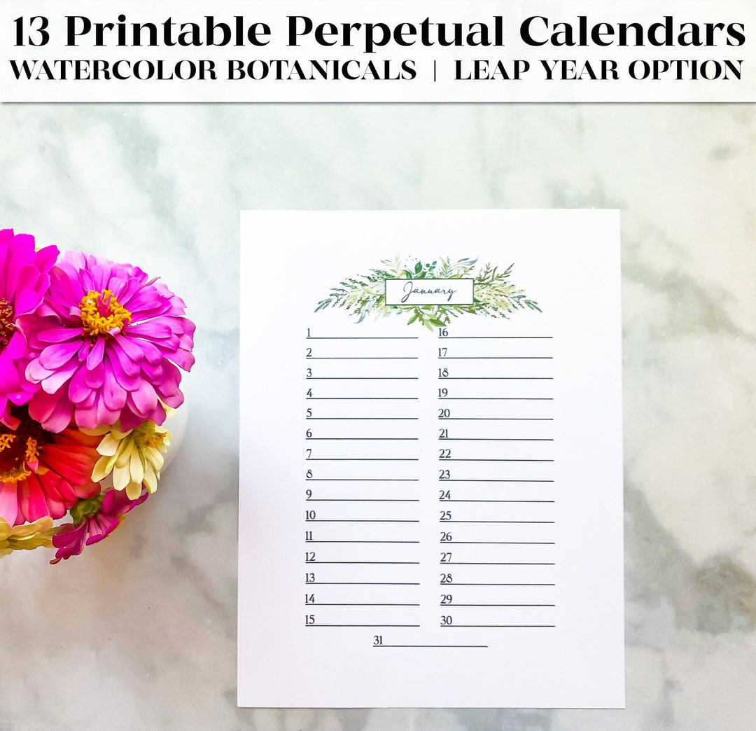 Printable Watercolor Botanical Perpetual Calendar | Desk Calendar ...