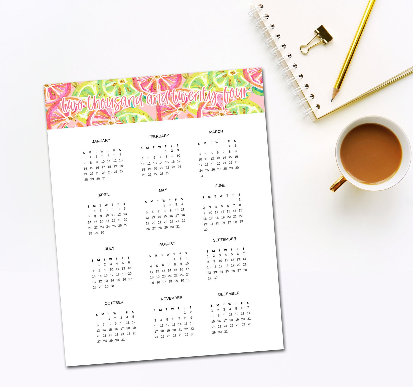 Printable 2024 Wall Calendar Year at a Glance | Preppy Citrus Printable ...