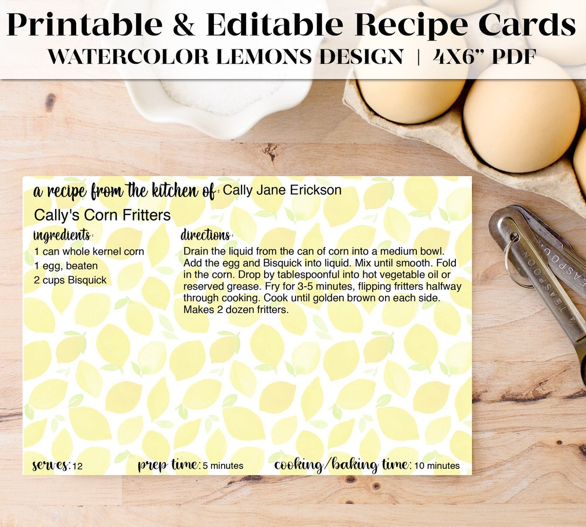 Editable & Printable Recipe Cards With Watercolor Lemon Design ...