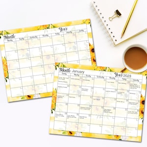 Editable & Printable Blank Calendar in Watercolor Sunflower Design ...