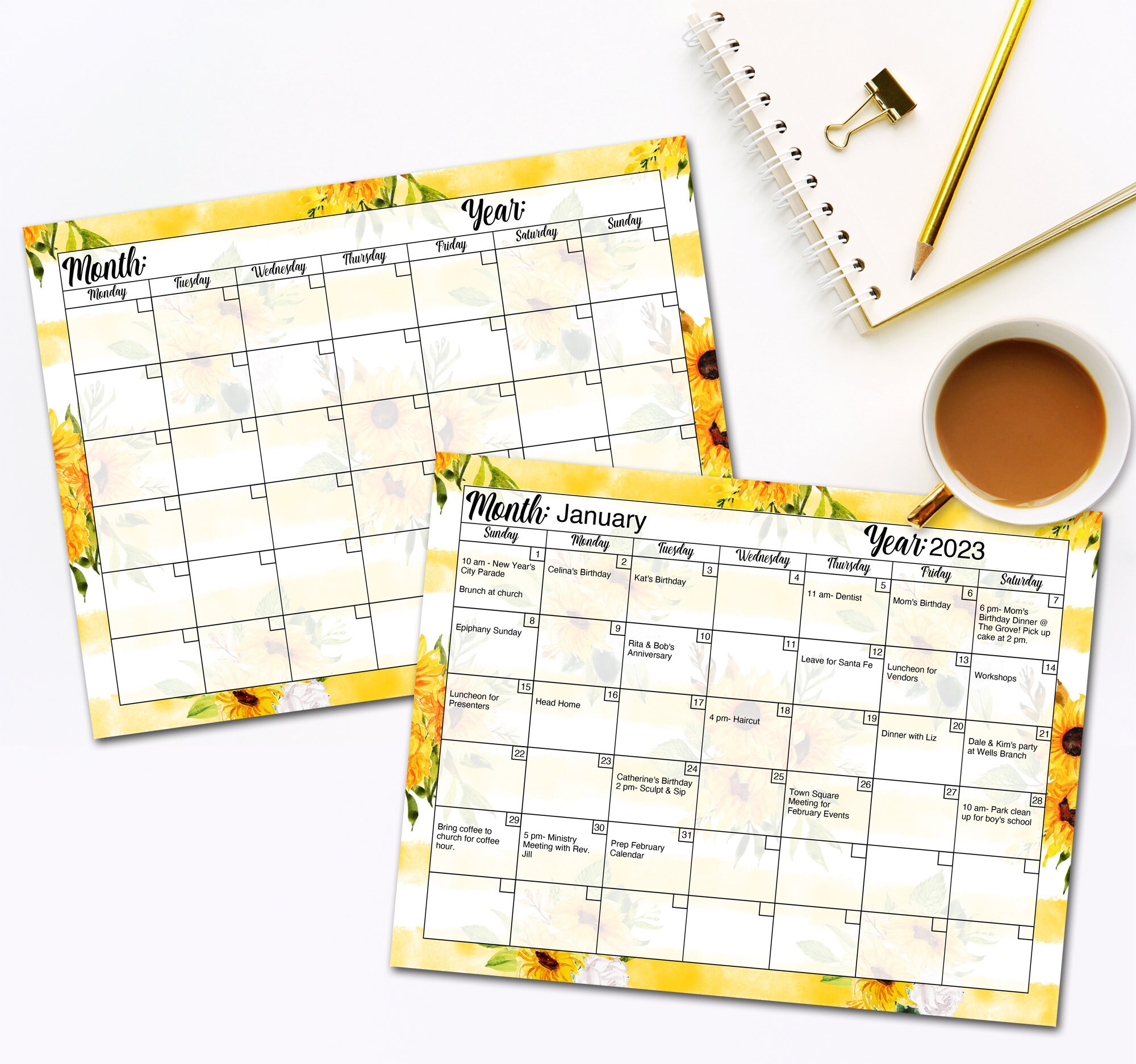 Editable & Printable Blank Calendar in Watercolor Sunflower Design ...