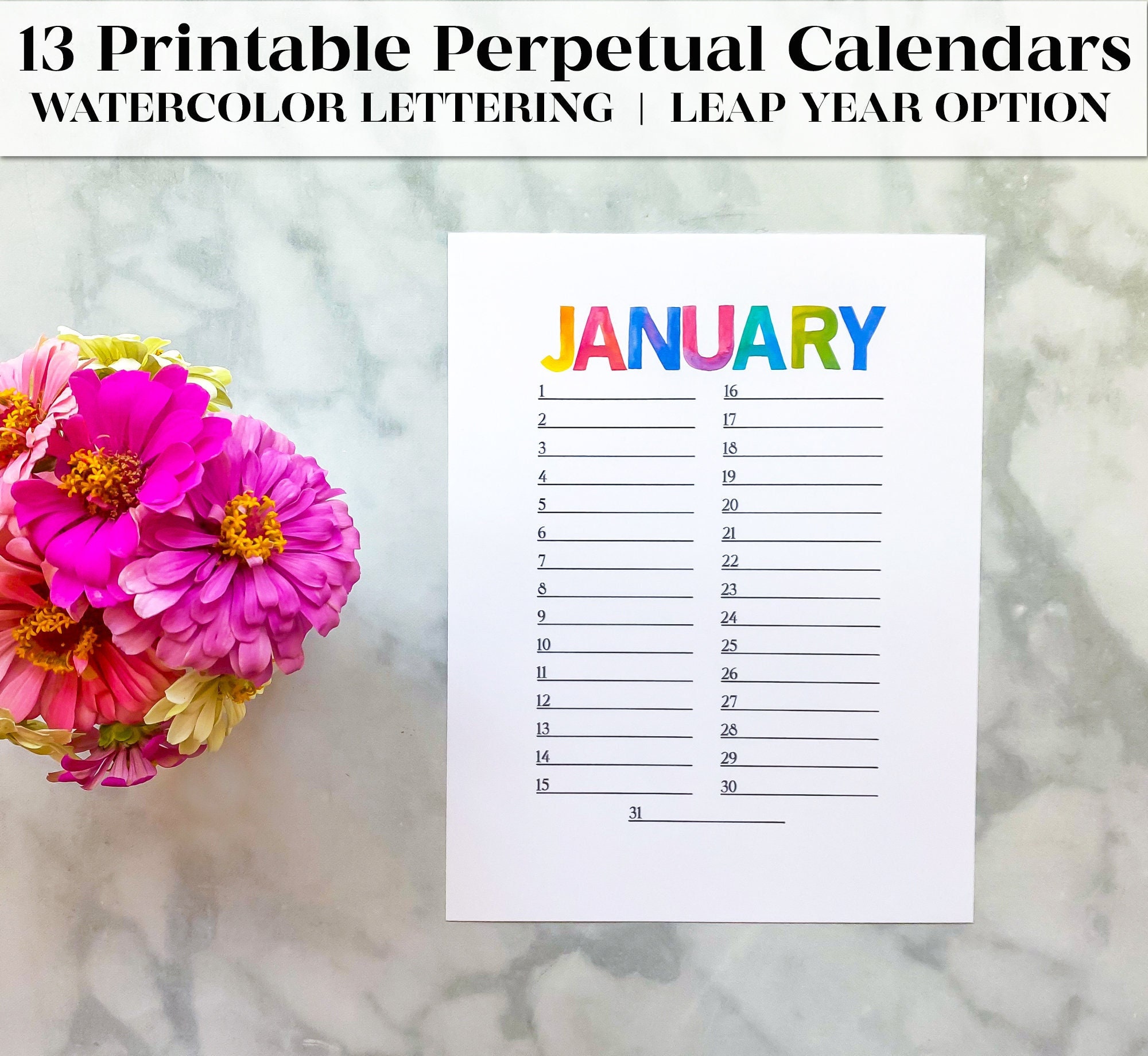 Printable Colorful Perpetual Calendar | Desk Calendar | Undated ...