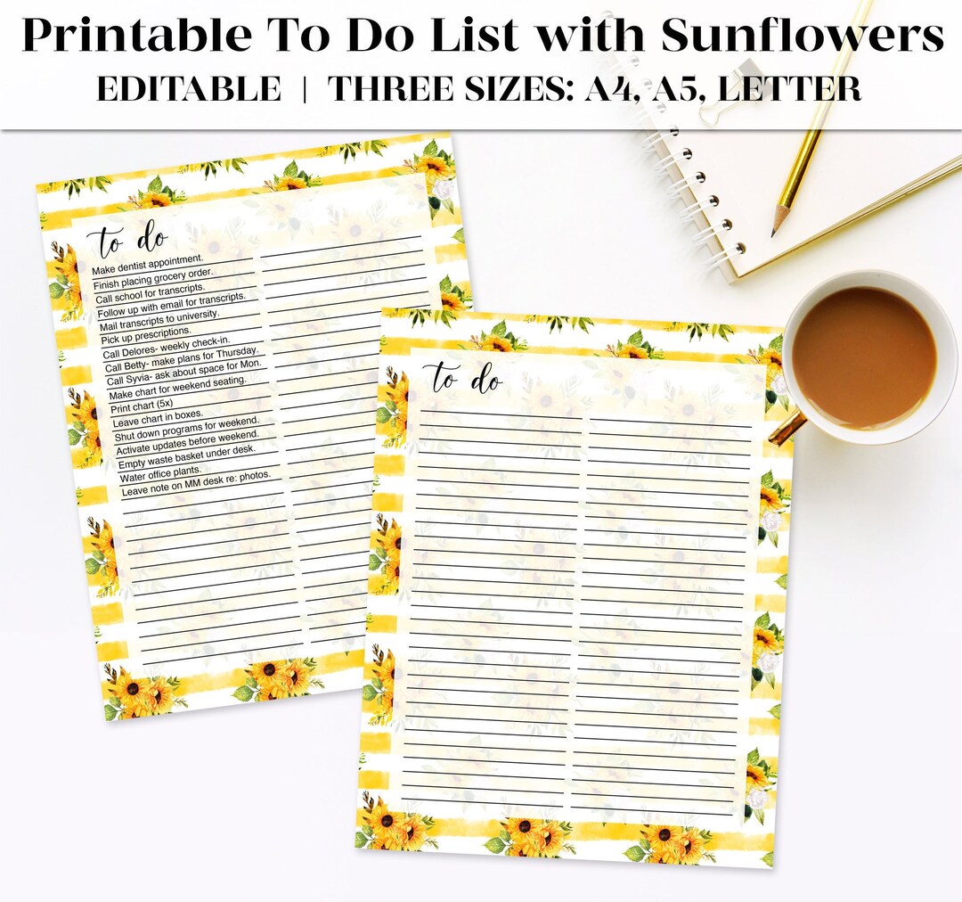 Editable and Printable to Do List With Sunflower Design | Digital ...