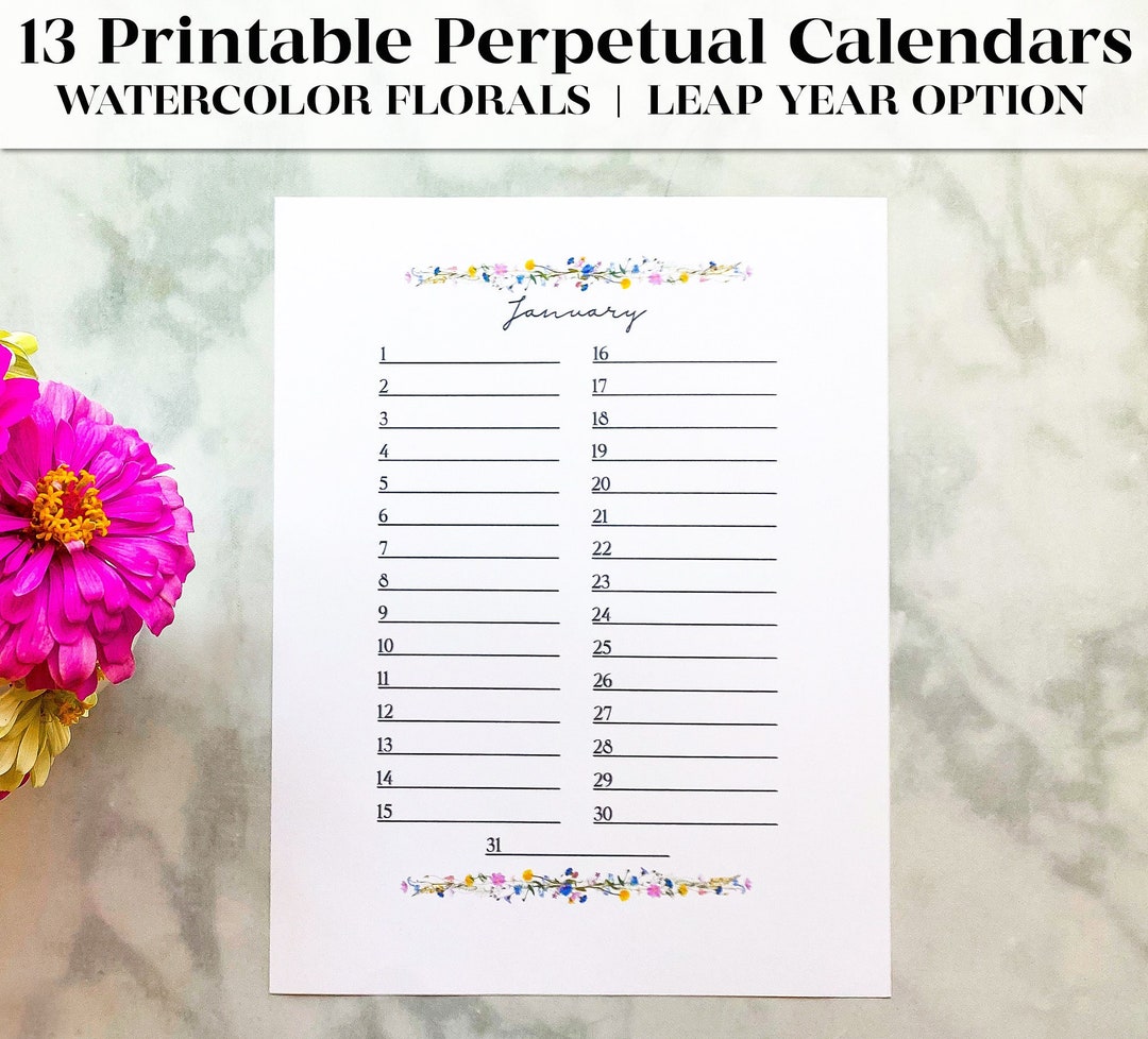 Printable Floral Perpetual Calendar | Desk Calendar | Undated Calendar ...