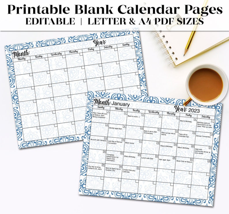 Editable & Printable Blank Calendar Pages in Blue Damask Design ...