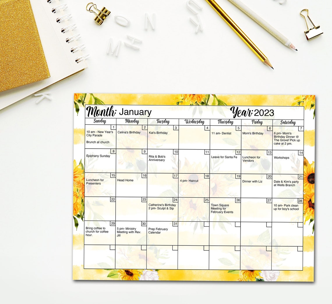 Editable & Printable Blank Calendar in Watercolor Sunflower Design ...