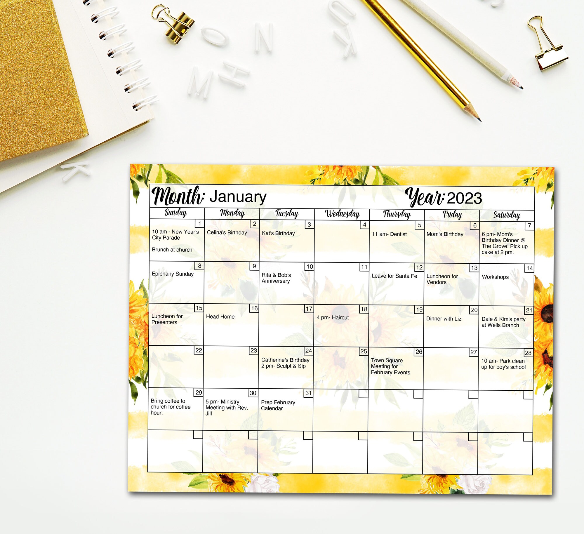 Editable & Printable Blank Calendar in Watercolor Sunflower Design ...