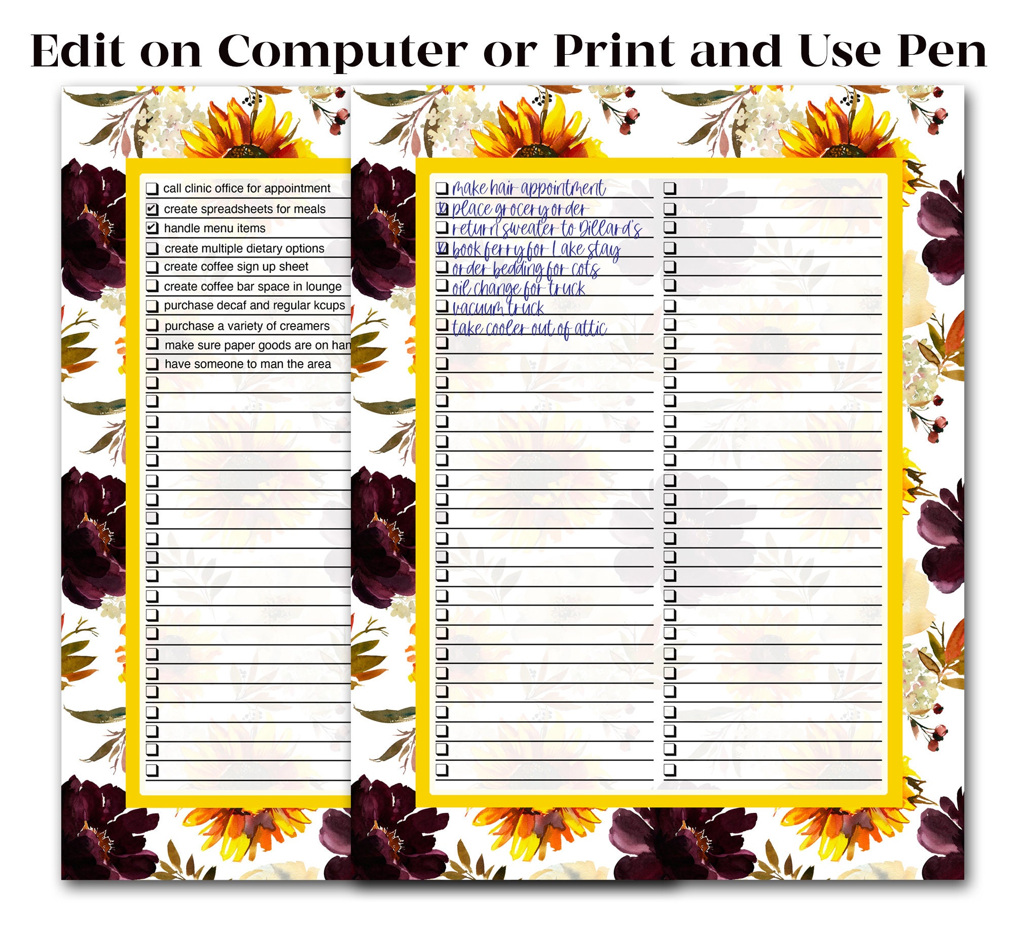 Sunflower to Do List Printable | Editable List | Editable Printable ...