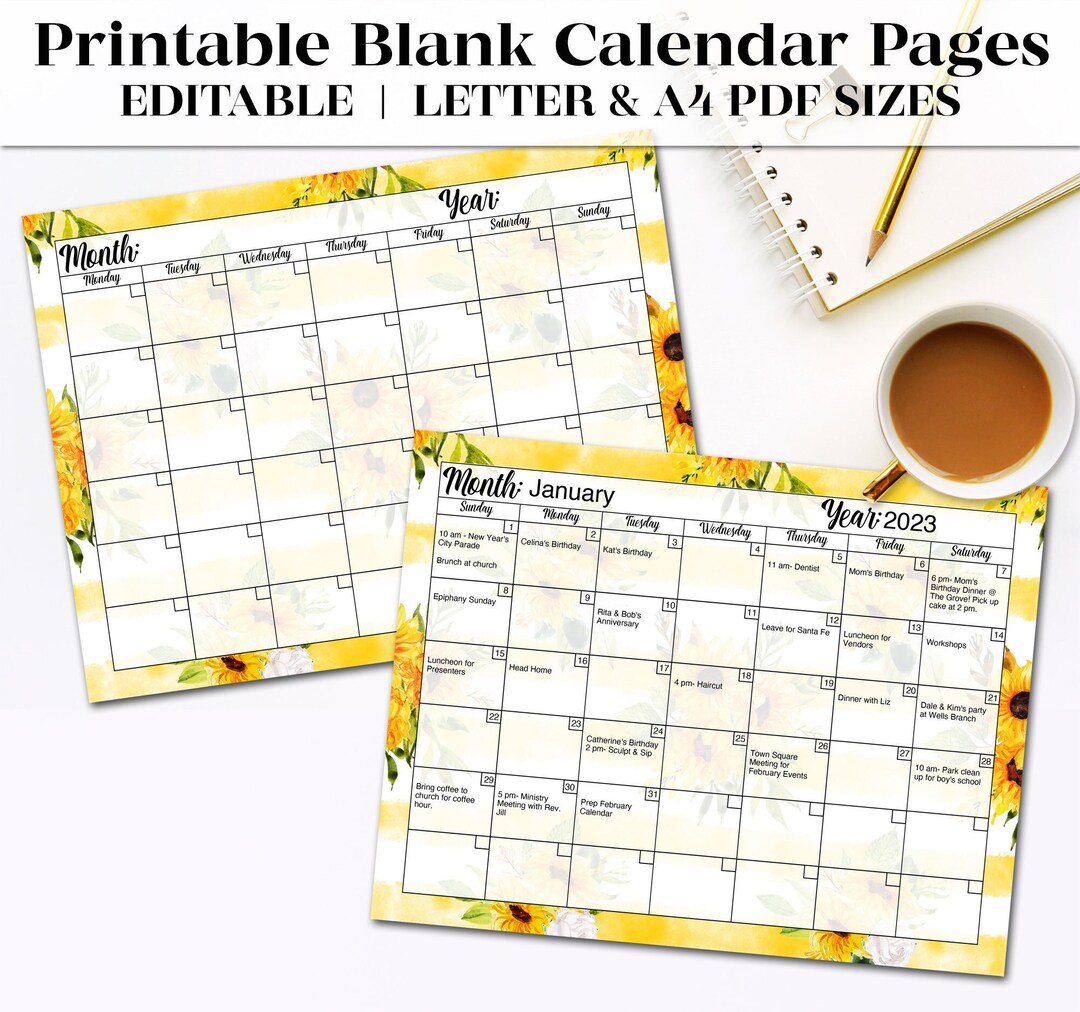 Editable & Printable Blank Calendar in Watercolor Sunflower Design ...