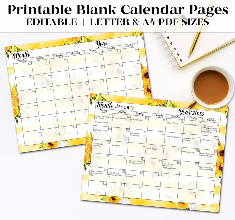 Editable & Printable Blank Calendar in Watercolor Sunflower Design ...