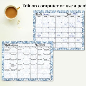 Editable & Printable Blank Calendar Pages in Blue Damask Design ...