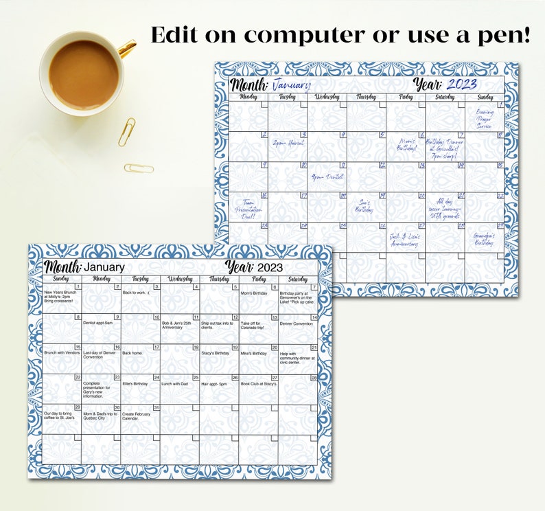 Editable & Printable Blank Calendar Pages in Blue Damask Design ...