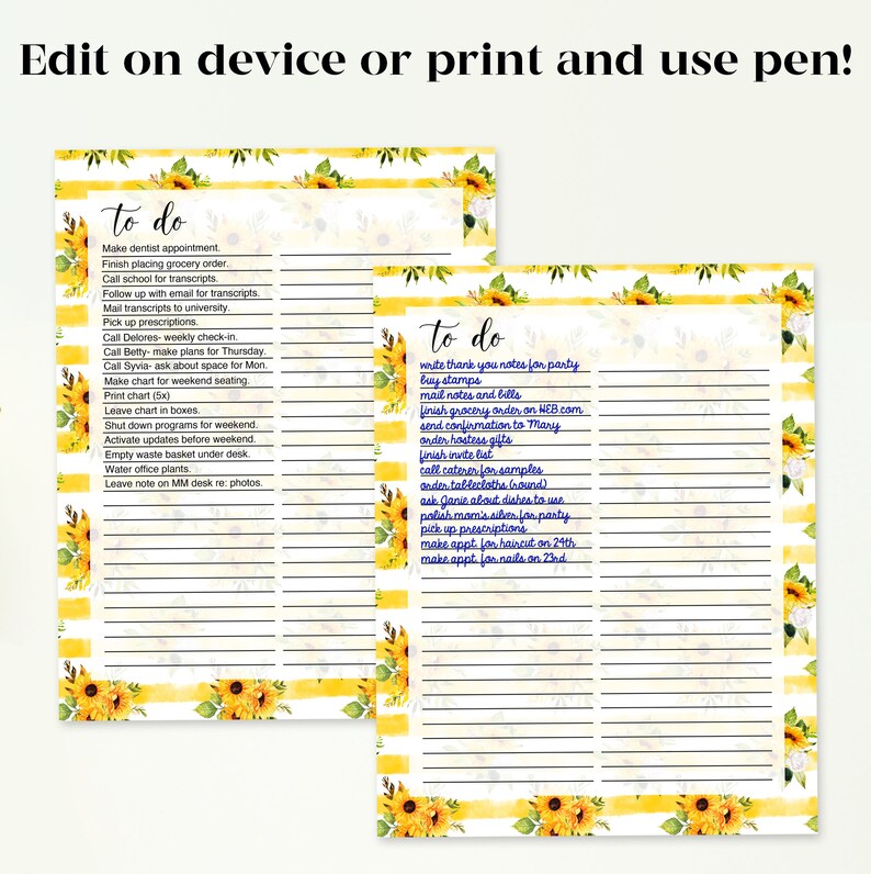 Editable and Printable to Do List With Sunflower Design | Digital ...